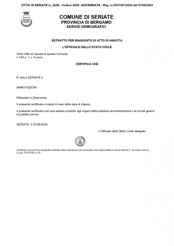 Estratto di Nascita - AnagrafeNazionale.it